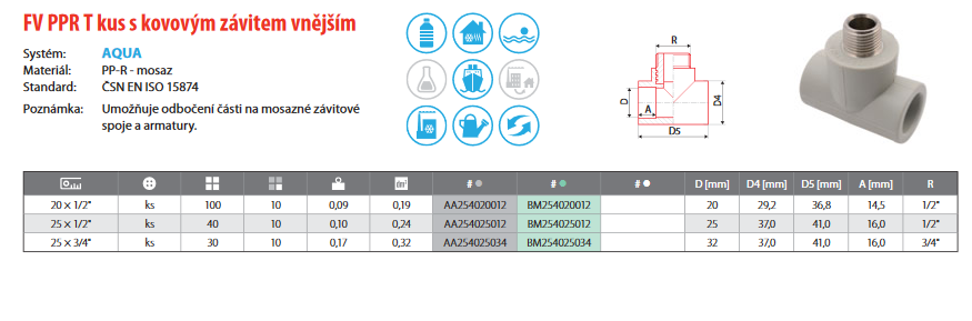 FV Plast-PPR T kus s kovovým závitem vnějším KZE 25x3/4 | KB-BLOK Stavebniny